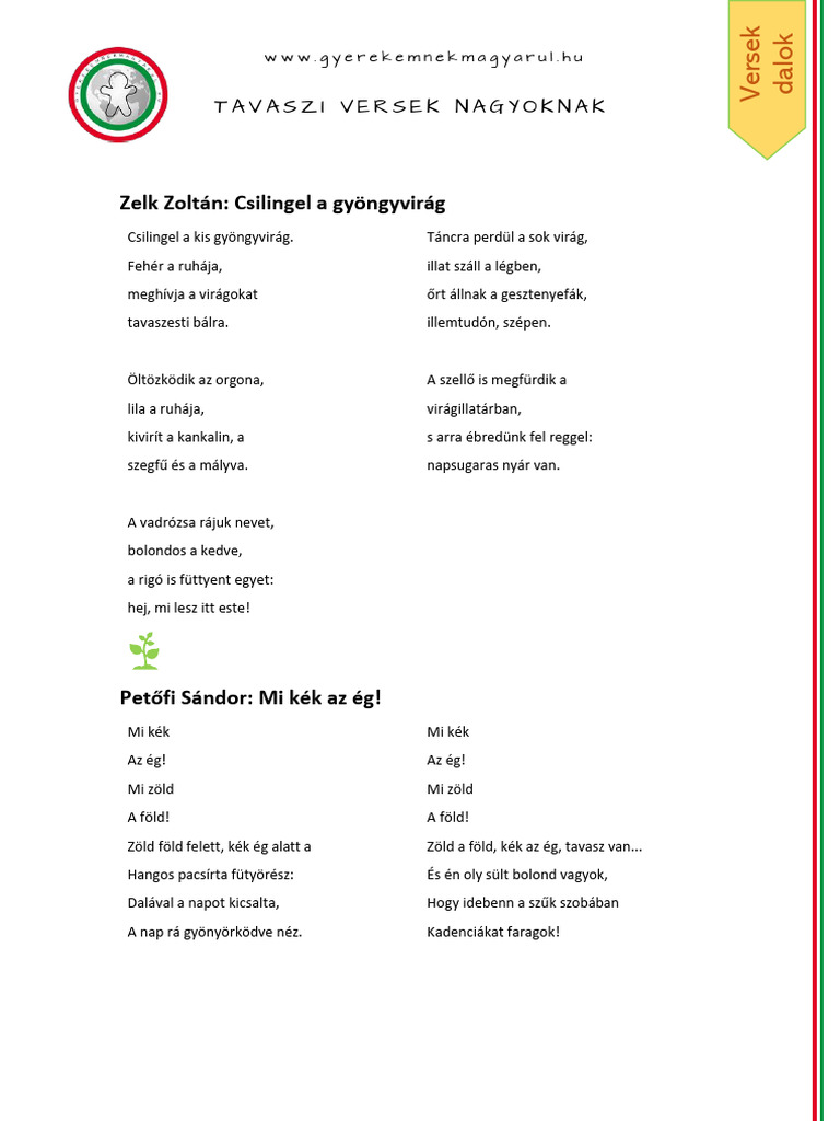 Tavaszi Versek Dalok Nagyoknak | PDF