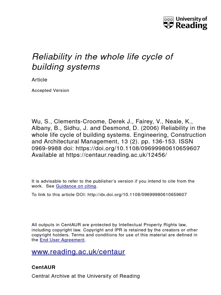 Centaur-Reliability in the whole life cycle of building systems | PDF | Reliability Engineering ...
