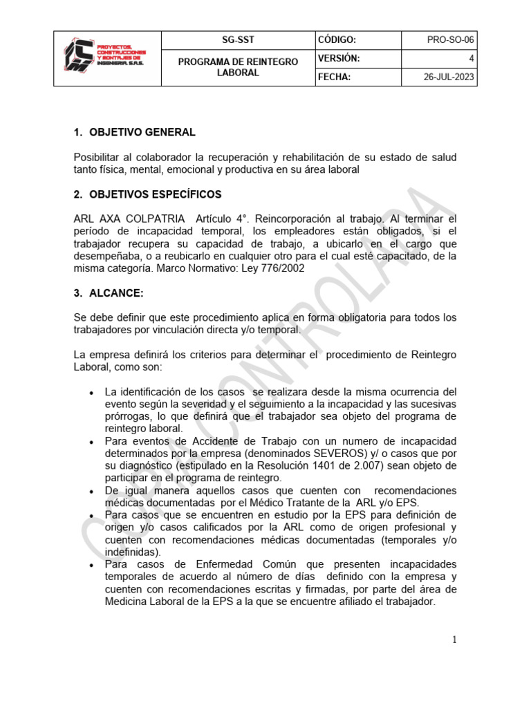 Pm-So-06 Programa de Reintegro Laboral | PDF