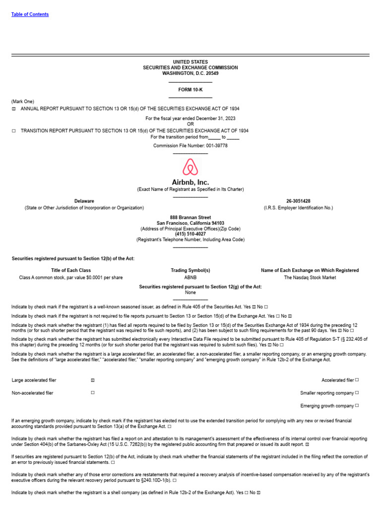 Airbnb Form 10-K 2023 | Download Free PDF | Form 10 K | Stocks