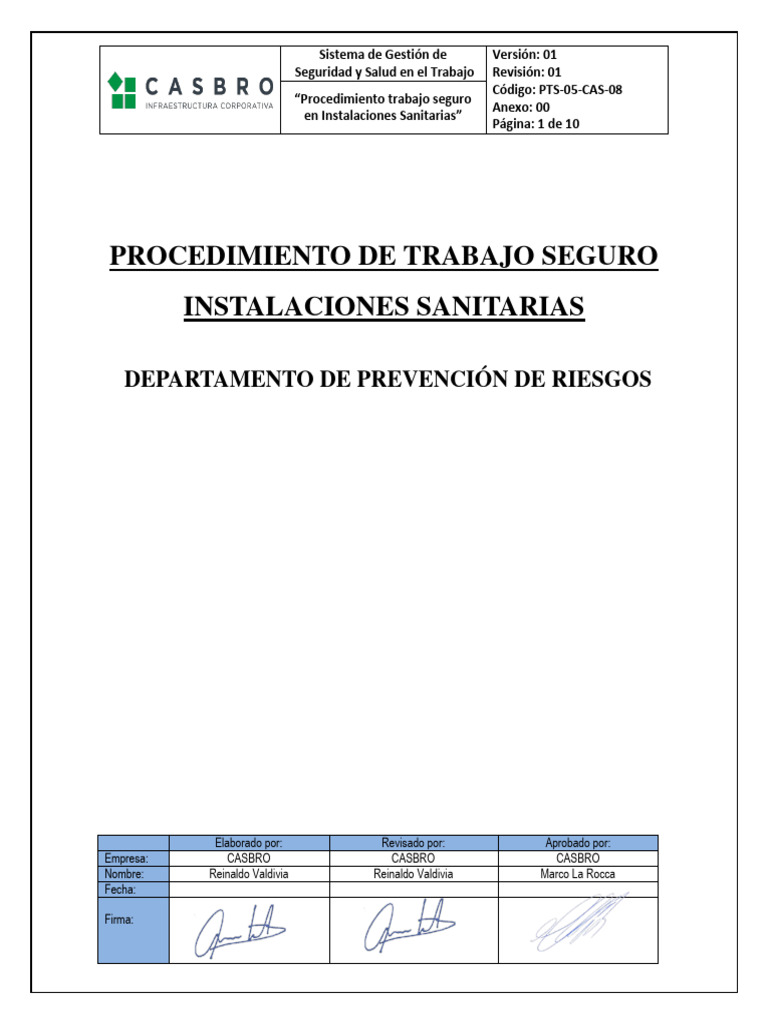 PTS-05-CAS-08 Procedimiento Instalaciones Sanitarias Rev01 | PDF | Máquina elevadora | Valores