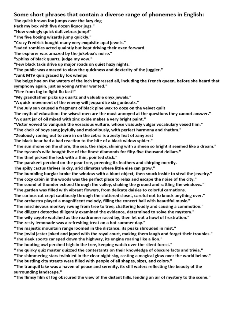 English Phoneme-Rich Sentences | PDF | Mystery, Thriller & Crime ...
