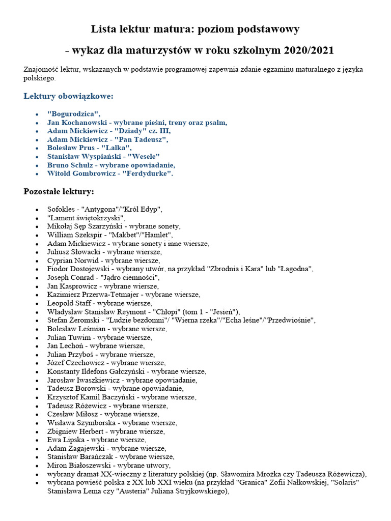 Lista Lektur Matura 2020 2021 VV | PDF