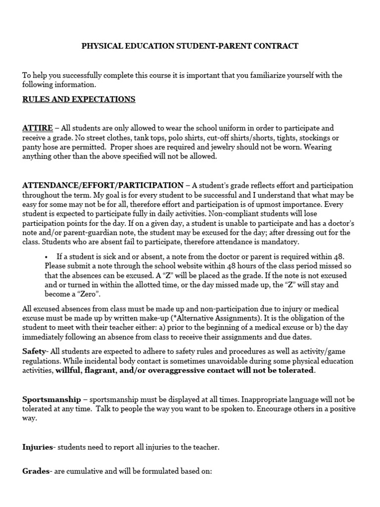 Physical Education Student Expectations Contract 2 1 | PDF | Physical ...