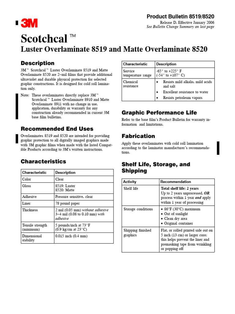 3M Overlaminate 8519/8520 Product Info | PDF | Materials