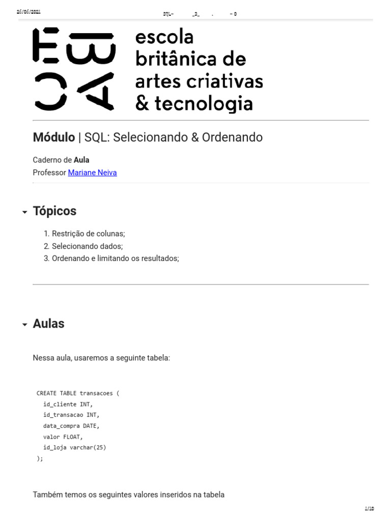 SQL-modulo - 3 - Aula - PDF - 30 | PDF | Tabela (banco de dados ...