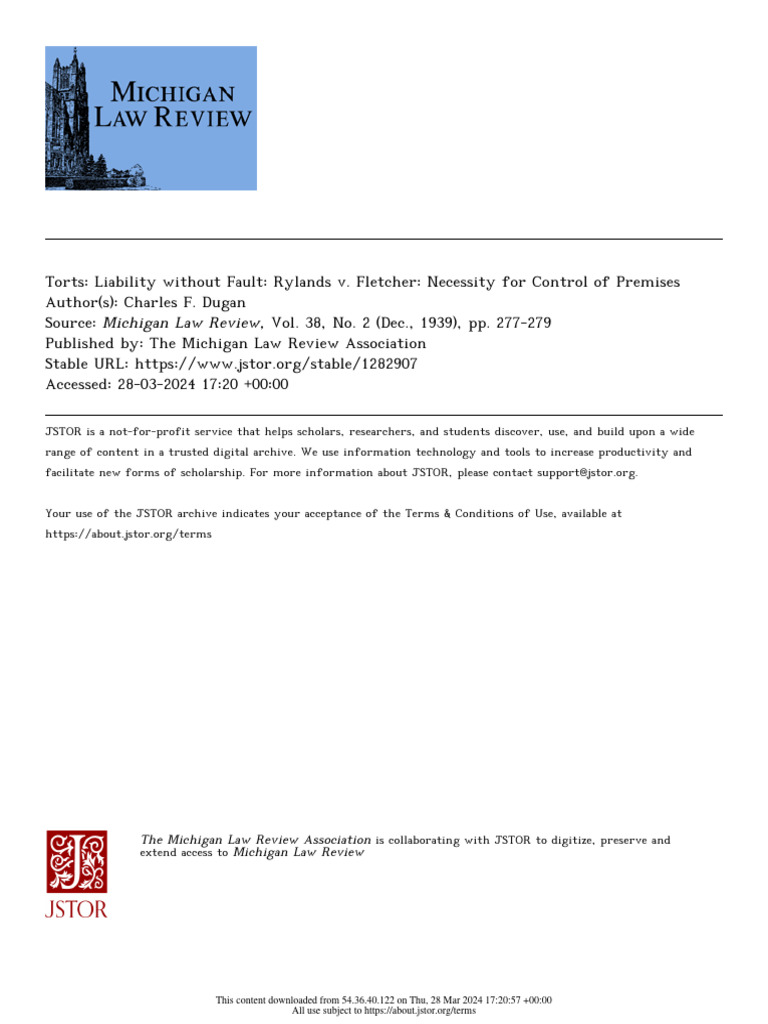 Torts Liability Without Fault Rylands v. Fletcher Necessity For Control ... Torts Liability Without Fault Rylands v. Fletcher Necessity For Control ...