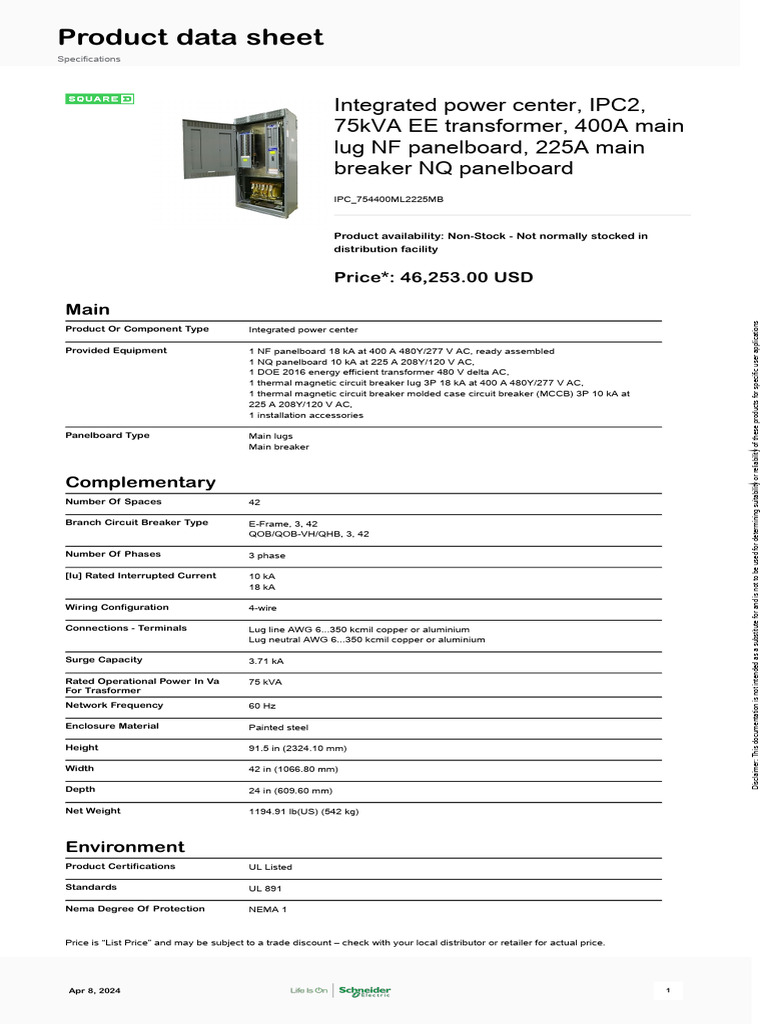 Schneider Electric - Integrated-Power-Center-2 - IPC - 754400ML2225MB ...