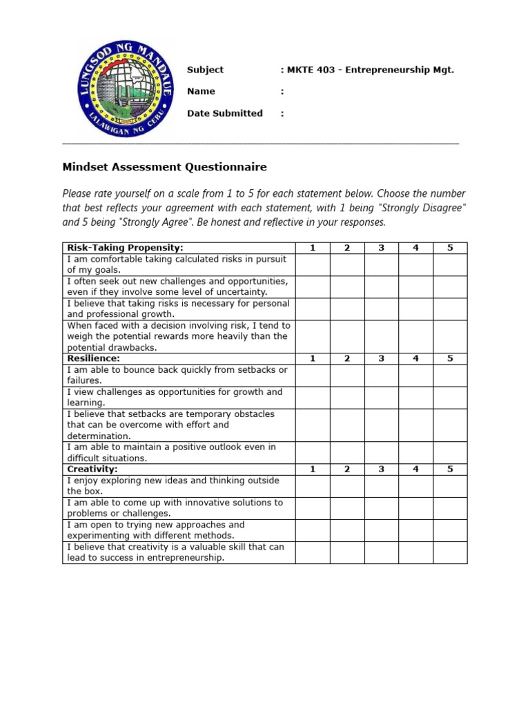 Entrepreneurship Mindset Assessment | PDF