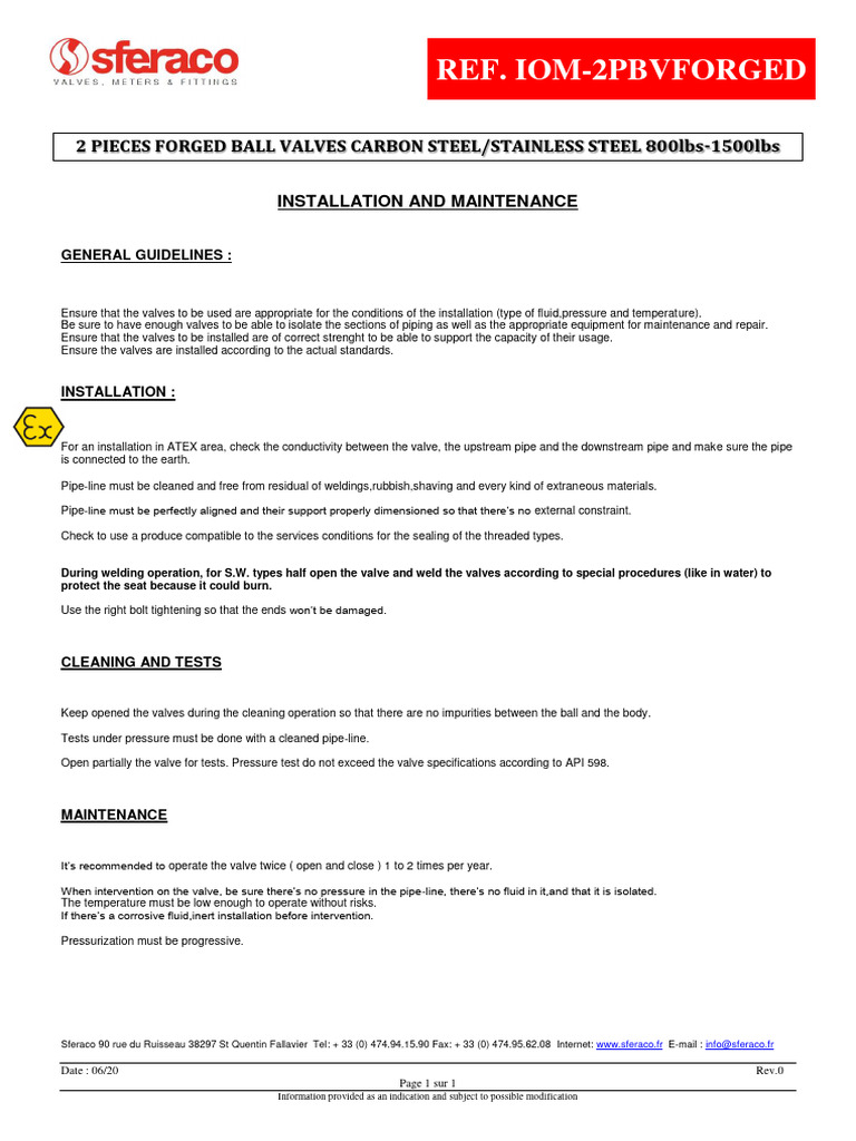 Installation Operating Manual Ball Valve 2 Pieces Forged 800lbs | PDF ...