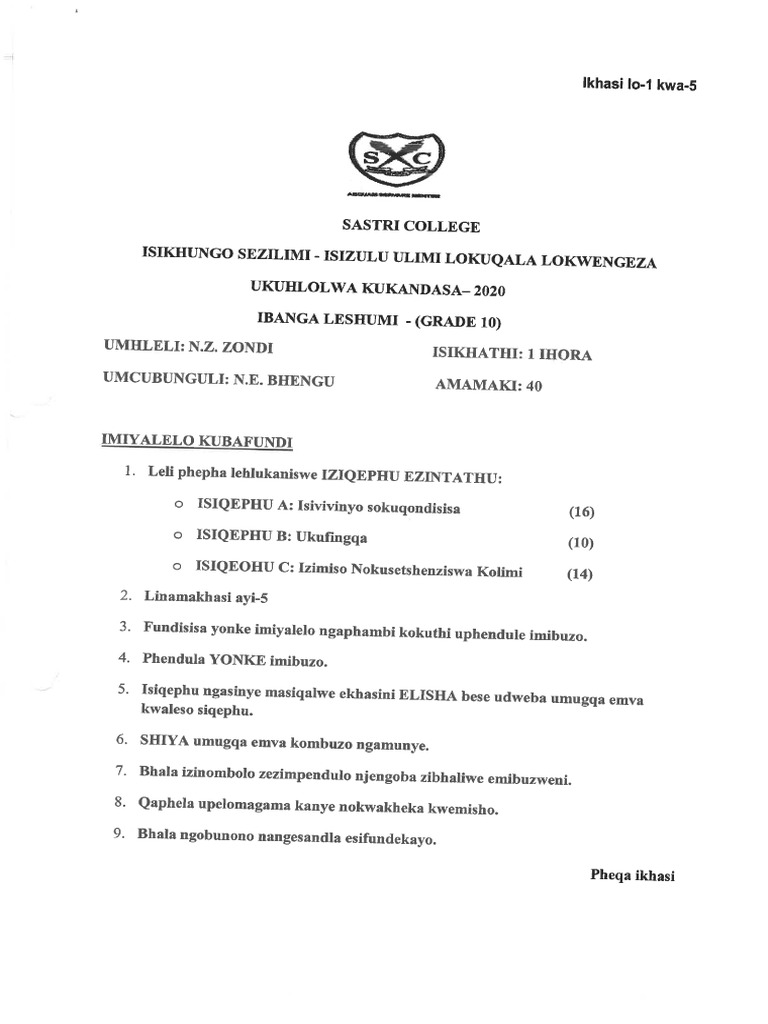 Grade 10 Isizulu p2 March Control | PDF