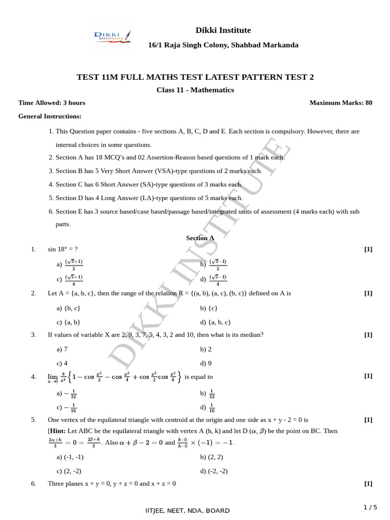Test 11m Full Maths Test Latest Pattern Test 2 | PDF | Complex Number ...