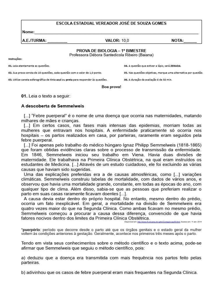 Prova 1o Ano Biologia 1o Bimestre | PDF | Enzima | Biologia