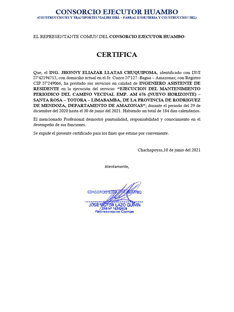 Certificado Asistente De Residente Ing Jhonny Pdf