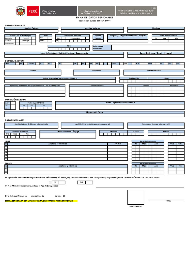 FICHA DE DATOS PERSONALES INDECI | PDF | Gobierno y personalidad