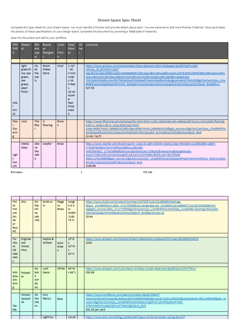 Dream Space Finishes Spec Sheet | PDF