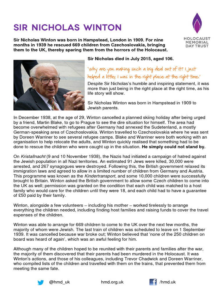 Sir Nicholas Winton's Heroic Legacy | PDF | Jews And Judaism | Antisemitism