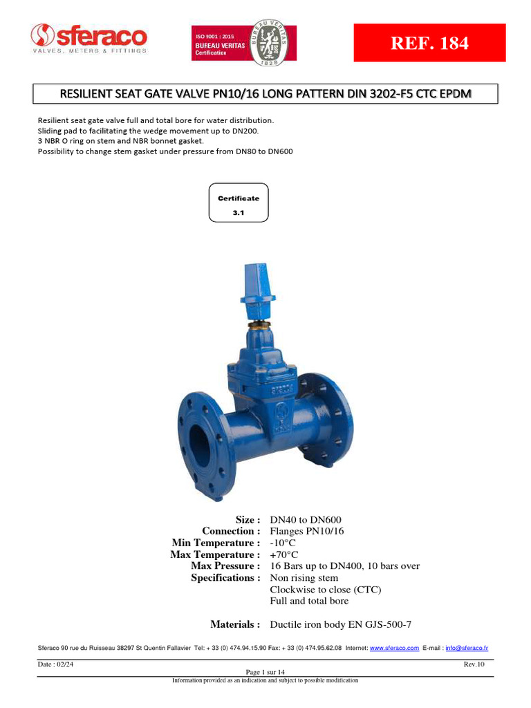Technical Datasheet Resilient Seat Gate Valve f5 CTC Epdm Flanged pn10-16 | PDF | Valve ...