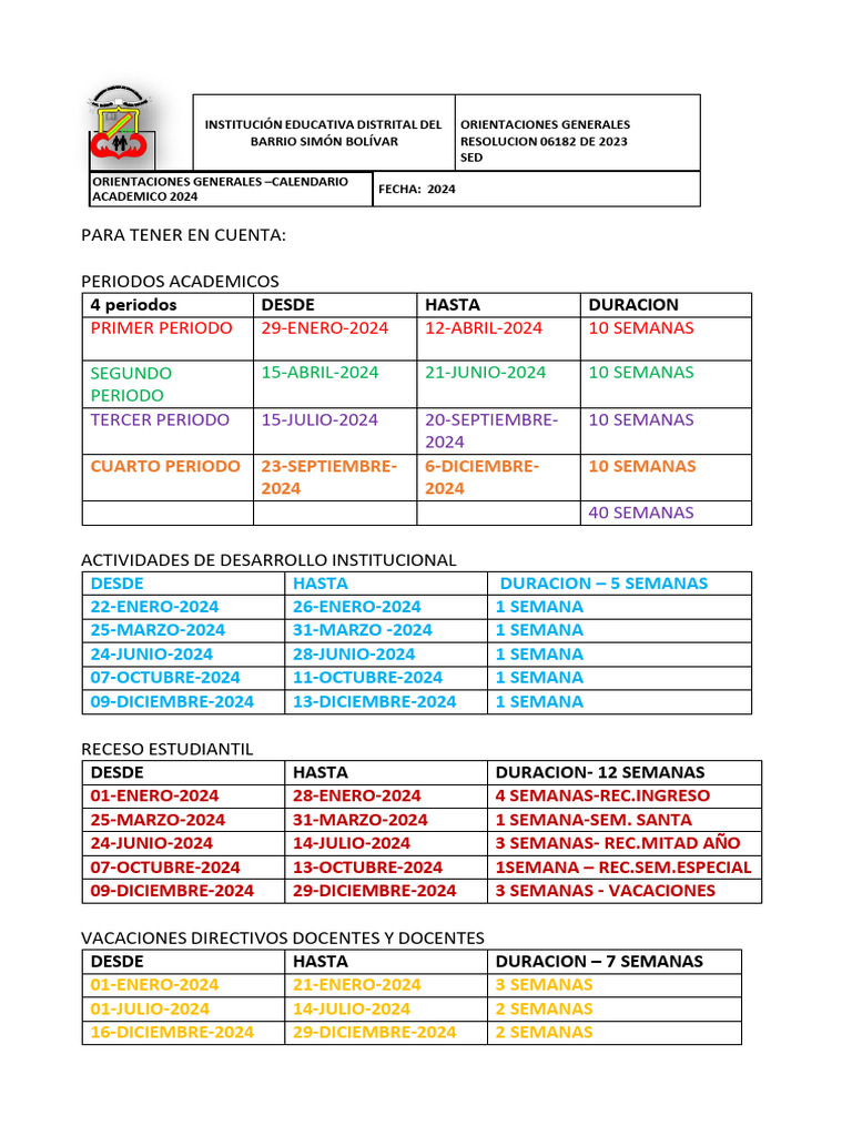ORIENTACIONES GENERALES RESOLUCION CALENDARIO ACADEMICO 2024 | PDF