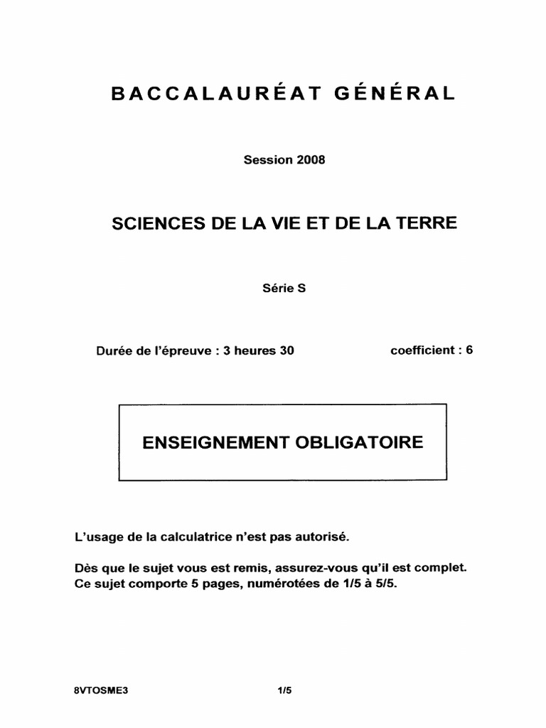 Bac s Svt Metropole 2008 Session de Remplacement Sujet | PDF