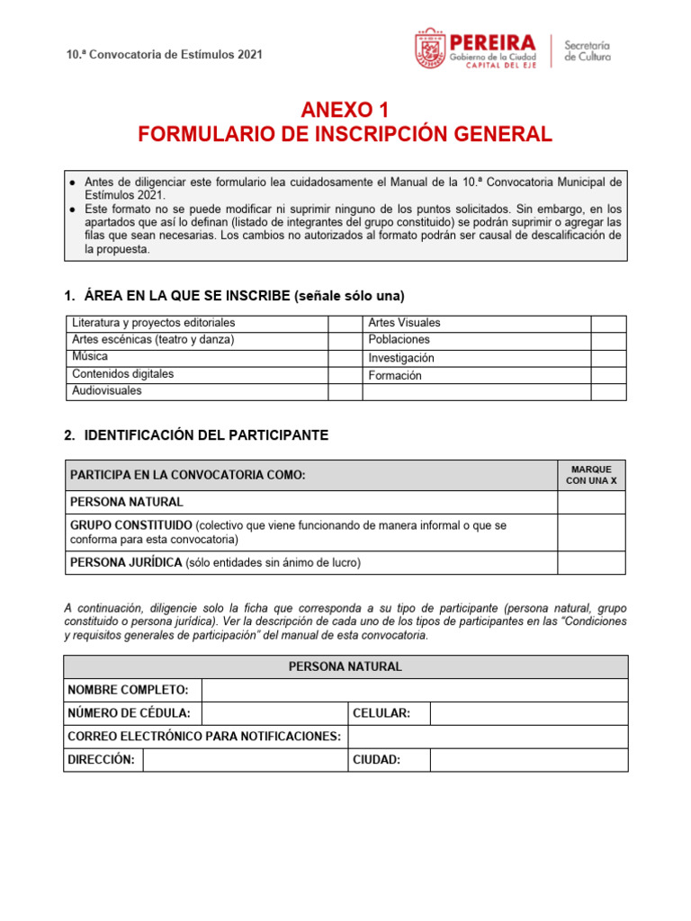 Anexo 1. FORMULARIO DE INSCRIPCIO - N GENERAL - Esti - Mulos 2021 | PDF ...