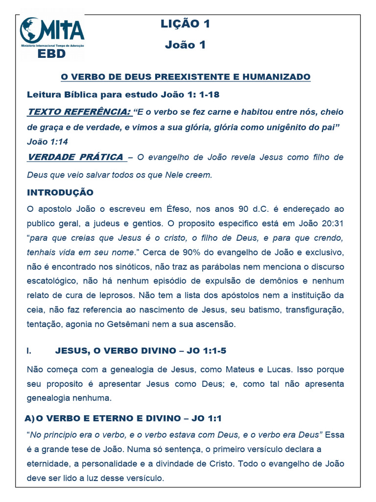 Lição 1 João 1 | PDF | Evangelho de João | Logos (cristianismo)