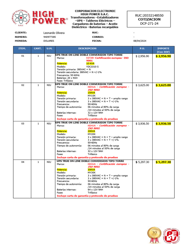 DCP-271-24 Ups On Line Doble Conversion 10-30kva Hp-Kehua 3F Torre ...