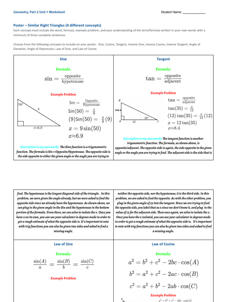 Geometry Unit 1 Assignment - Similar Right Triangles | Download Free PDF | Trigonometric ...