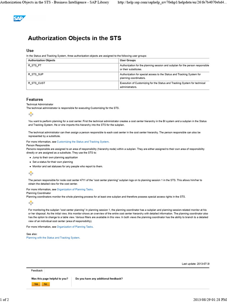 Authorization Objects in The STS - Business Intelligence - SAP Library | PDF | Business ...