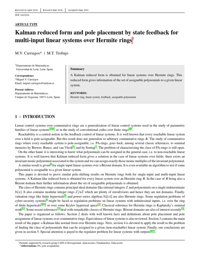 Kalman Form & Pole Placement in Hermite Rings | PDF | Matrix ...