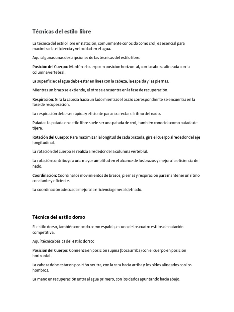 Técnicas Del Estilo Libre y Dorso | PDF | Nadando