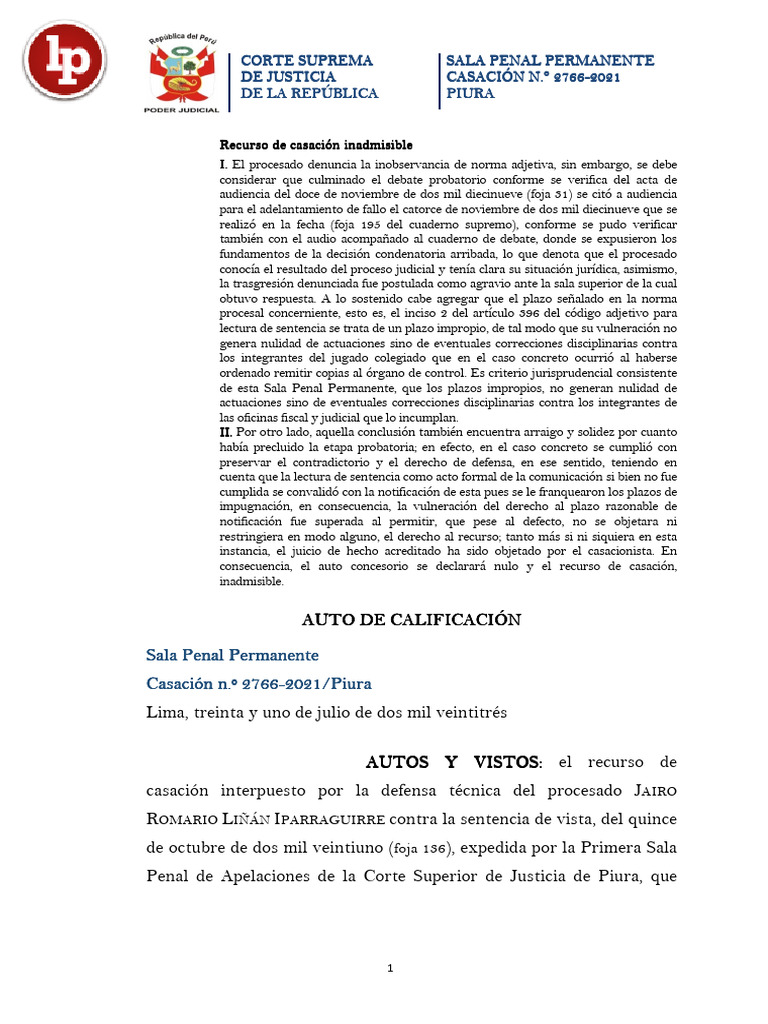 Casacion 2766 2021 Piura LPDerecho | PDF | Sentencia (ley) | Caso de ley Casacion 2766 2021 Piura LPDerecho | PDF | Sentencia (ley) | Caso de ley
