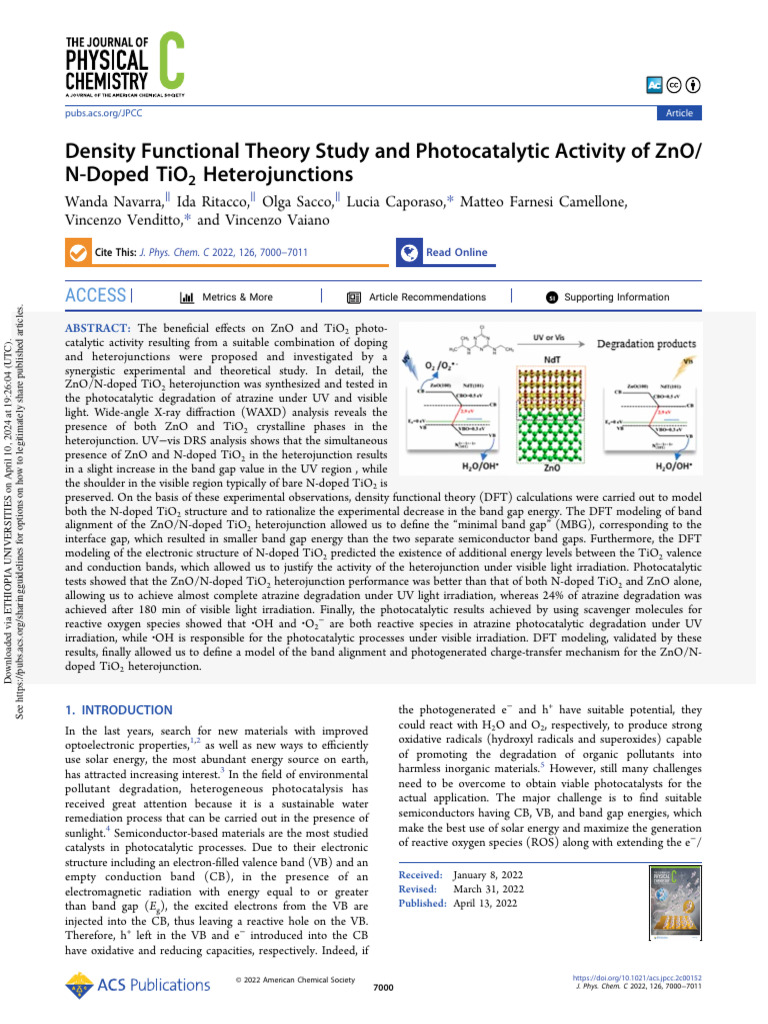 Navarra Et Al 2022 Density Functional Theory Study and Photocatalytic Activity of Zno N Doped ...