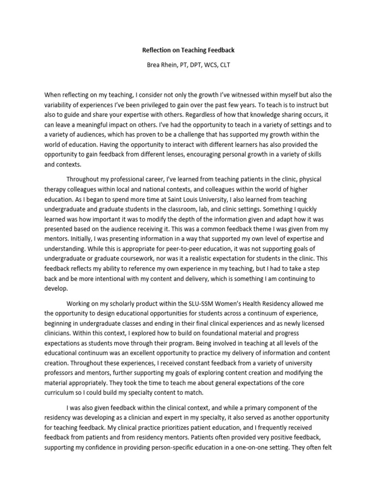Reflection On Teaching Feedback | PDF | Learning | Mentorship
