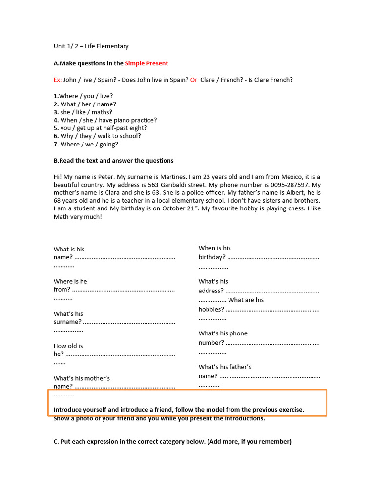 Unit 1 - 2 - Life Elementary1 | PDF