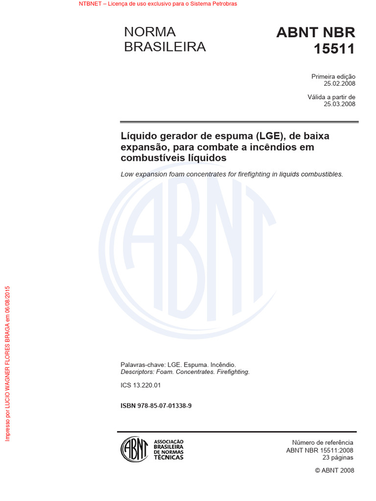 ABNT 15511 Liquido Gerador de Espuma LGE de Baixa Expansao | PDF | Foguete propulsor líquido