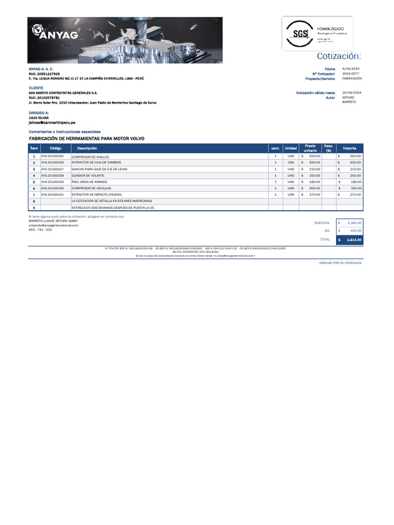 Cotizacion Minera San Martin Ayg2024-0077 | PDF
