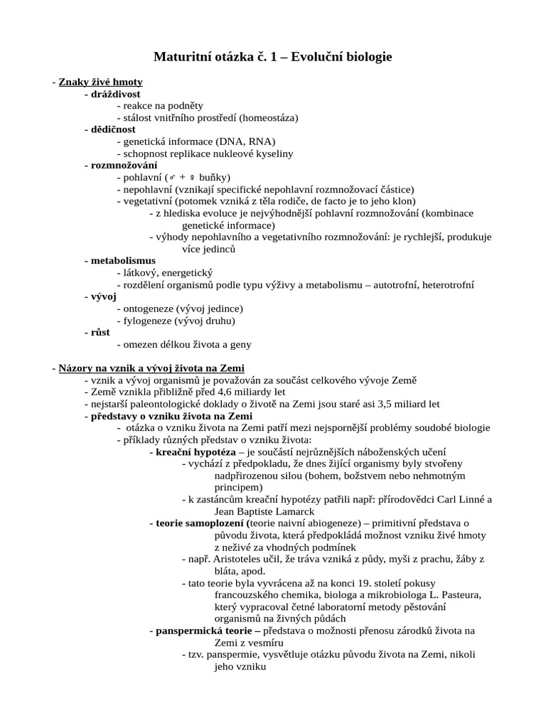 Maturitní Otázka Č. 1 - Evoluční Biologie | PDF