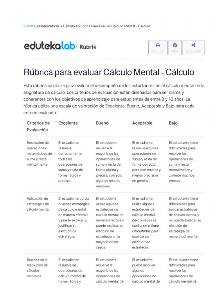 Rúbrica para Evaluar Cálculo Mental - Cálculo | PDF