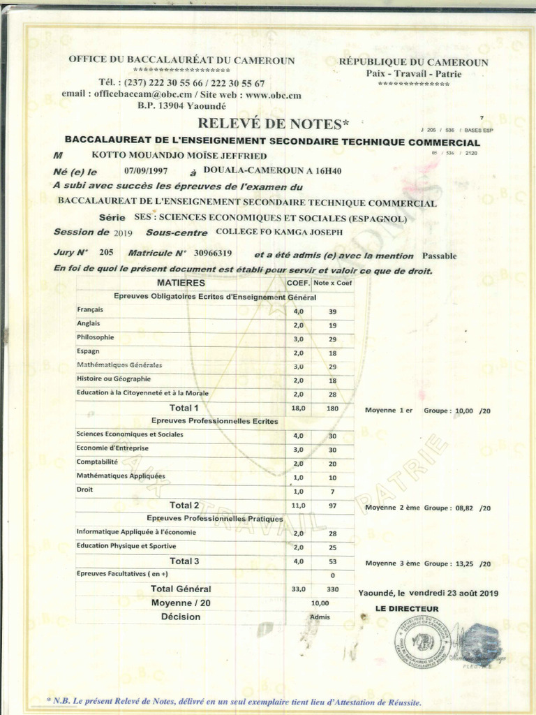 Releve de Notes | PDF