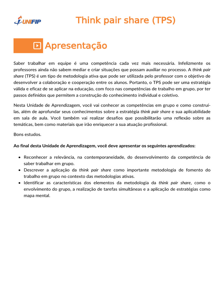 Think Pair Share (TPS) | PDF | Aprendizado | Pedagogia
