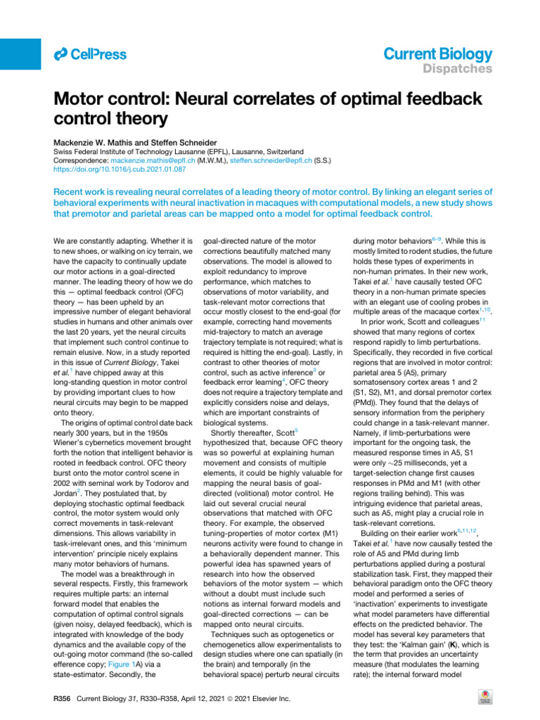 Neural Basis of Optimal Feedback Control | PDF | Kalman Filter | Motor Control