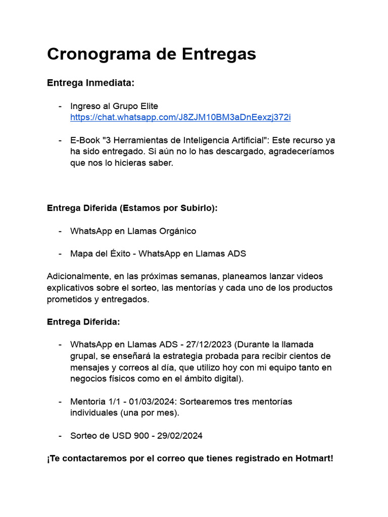 Cronograma de Entregas Hotmart | PDF