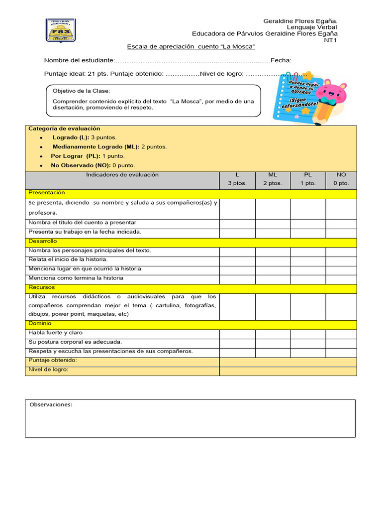 Rubrica Cuento La Mosca PRE KINDER 2024 | PDF | Educación de la primera ...