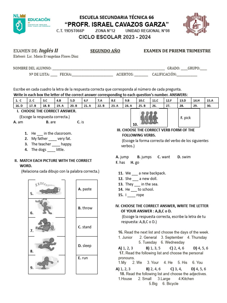 EXAMEN Triemstral SEGUNDO AÑO 1° TRIMESTRE INGLÉS Word | PDF | Language Mechanics | Grammar