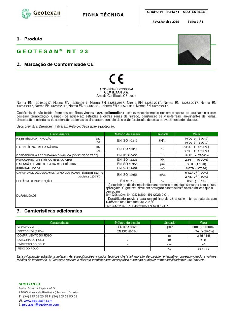 Ficha Técnica - Geotêxtil Geotesan NT 23 | PDF