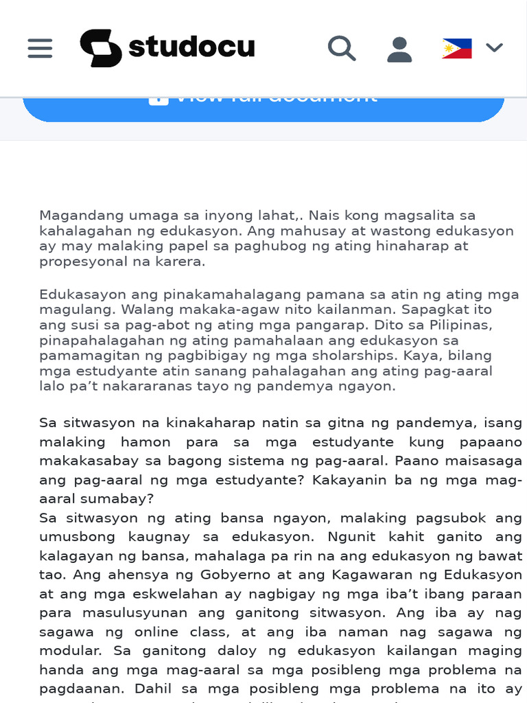 Talumpati Edukasyon - Magandang Umaga Sa Inyong L | PDF