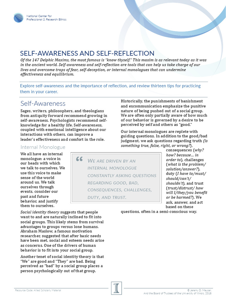 Self Awareness and Self Reflection | PDF | Thought | Self Awareness