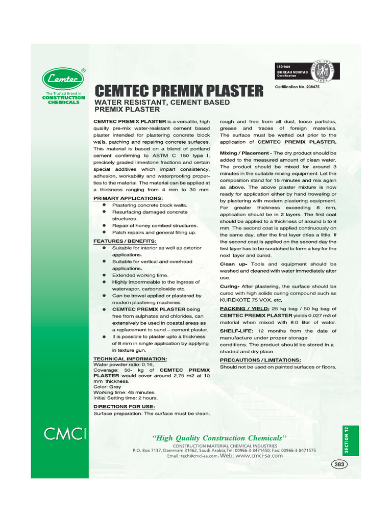 Cemtec Premix Plaster | PDF