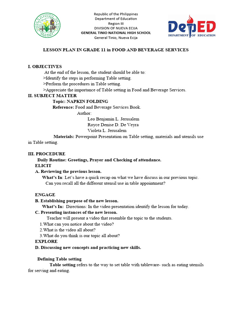 2nd COT LESSON PLAN FOOD AND BEVERAGE | PDF | Learning | Cognition